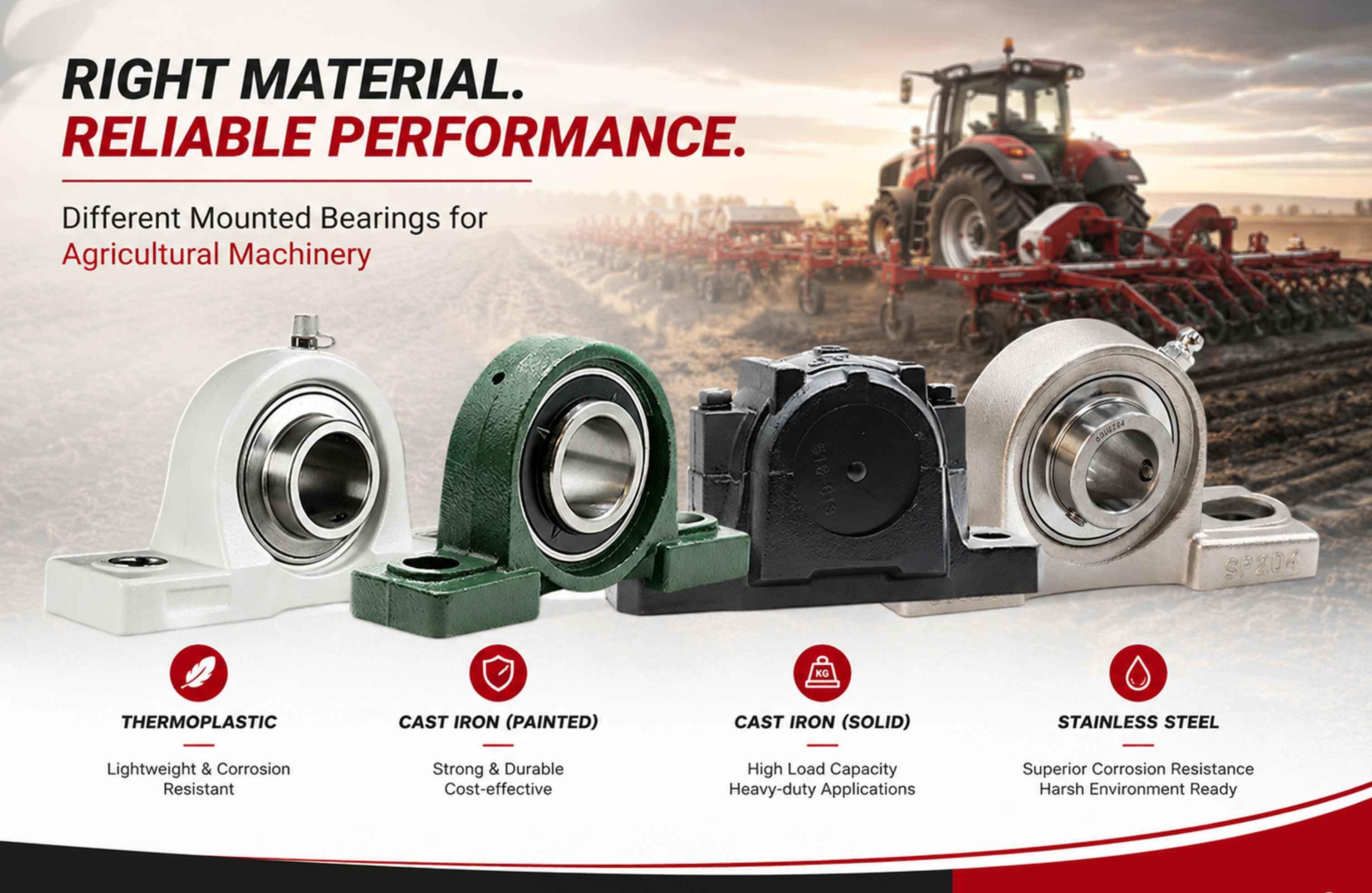 Agricultural mounted bearing units with cast iron, pressed steel, stainless steel and thermoplastic housing