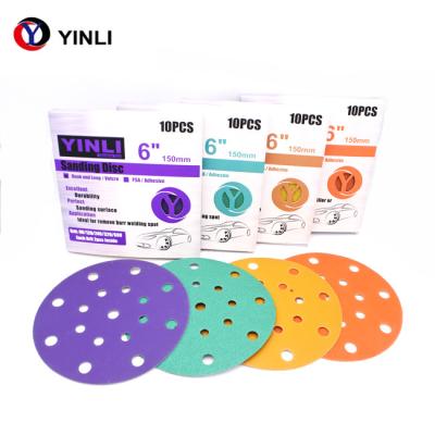 China 6 Inch 17 Holes PET Film Hook and Loop Sanding Disc Set 80 to 600 Grit for Auto Refinishing for sale