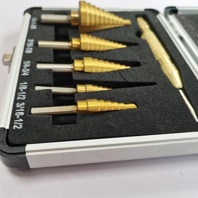 China HSS Titanium Nitride Coated Step Drill Bit Set 8 Steps 1/4-3/4 Inch Hex Shank for sale