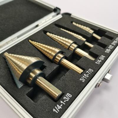 China 5pcs HSS Titanium Step Cone Drill Bits Set Triangle Shank 1/4-3/4 Inch for sale