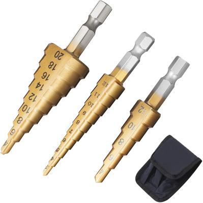 China Titanium Coated HSS Step Drill Bits 3 Pcs 4-20mm Hex Shank for Metal Drilling for sale