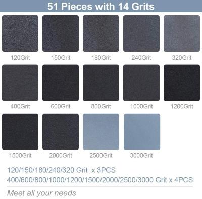 China 51 Pack 9x3.6 Inch Silicon Carbide Sandpaper P120 to P10000 for Wood Furniture for sale