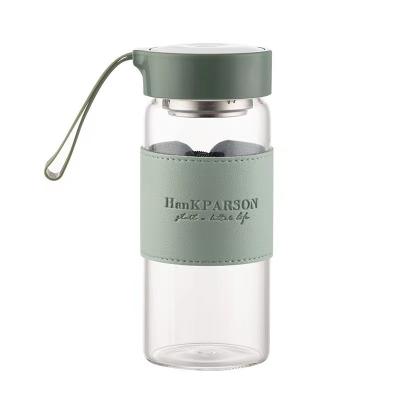 China 480ml Custom Borosilicate Glass Water Bottle with Leather Sleeve and Tea Infuser for sale