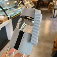 China 480ml Custom Borosilicate Glass Water Bottle with Leather Sleeve and Tea Infuser for sale
