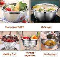 China Customized Logo Versatile Kitchen Strainer 304 Stainless Steel Microporous Colander Rice Washing Bowl Set 550g for sale
