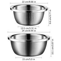 China Customized Logo Versatile Kitchen Strainer 304 Stainless Steel Microporous Colander Rice Washing Bowl Set 550g for sale