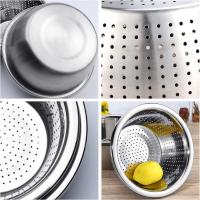 China Customized Logo Versatile Kitchen Strainer 304 Stainless Steel Microporous Colander Rice Washing Bowl Set 550g for sale