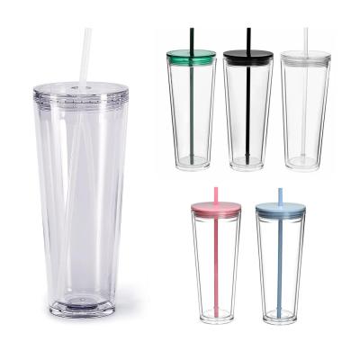 China Reusable Clear Cups 24oz Insulated Double Wall Plastic Tumbler with Lid and Straw for sale