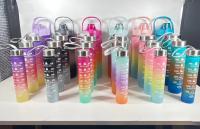 China PP Food Grade Lid 4 Pcs Plastic Sport Water Bottles with Straw and Stickers for Gym Fitness for sale
