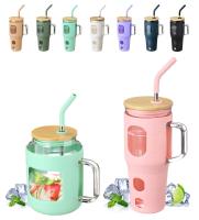 China Custom Logo Reusable Glass Tumbler 32oz with Bamboo Lid Handle and Silicone Sleeve for sale