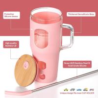 China Custom Logo Reusable Glass Tumbler 32oz with Bamboo Lid Handle and Silicone Sleeve for sale