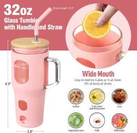 China Custom Logo Reusable Glass Tumbler 32oz with Bamboo Lid Handle and Silicone Sleeve for sale