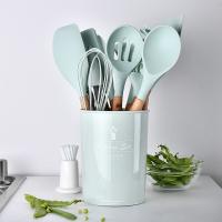 China Outdoor Custom Logo Wooden Handle Espatulas Silicone Kitchen Utensil Spatula Set with Storage Bucket for sale
