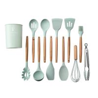 China Outdoor Custom Logo Wooden Handle Espatulas Silicone Kitchen Utensil Spatula Set with Storage Bucket for sale