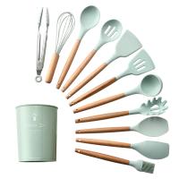 China Outdoor Custom Logo Wooden Handle Espatulas Silicone Kitchen Utensil Spatula Set with Storage Bucket for sale