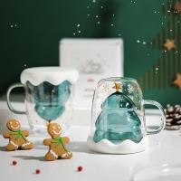 China 300ml Glass Christmas Double Wall Mugs with Cute Design and Custom Logo Gift Boxed for sale