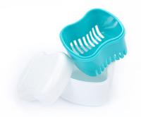 China Clean Care Denture Cleaner Brush And Retainer Holder Box Denture Bath Case Cup for sale