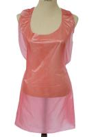 China Food Grade Red Disposable Plastic Aprons Light Weight Round Neck And Waist Belt for sale
