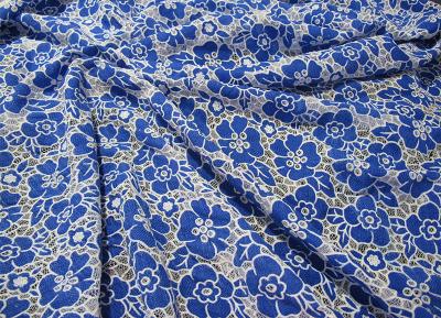 China Knitted Cotton Polyester Lace Fabric Blue with Burnout Flower Lace(CY-DK0019) for sale