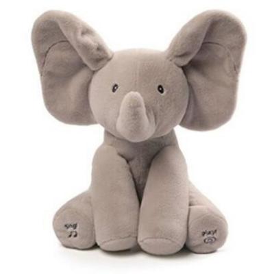 China Grey Peek A Boo Music Plush Elephant Toy 30cm Electronic Stuffed Animal for sale