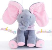 China Grey Peek A Boo Music Plush Elephant Toy 30cm Electronic Stuffed Animal for sale