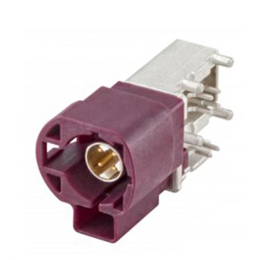 China FAKRA male connector featuring center pin soldering and copper sleeve crimping; 99S20D-40MA5-BX right-angle plug (for PCB); red. for sale
