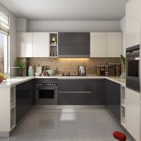 China Melamine Kitchen Carcasses Solid Wood Handleless Kitchen Cabinets L Shape for sale