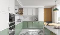China Sophisticated Green MDF Kitchen Cabinets With Quartz Countertops for sale