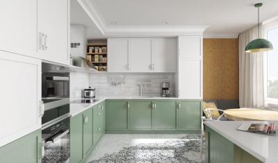 China Sophisticated Green MDF Kitchen Cabinets With Quartz Countertops for sale