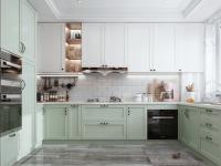 China Sophisticated Green MDF Kitchen Cabinets With Quartz Countertops for sale