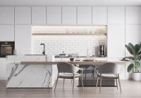China Anti Scratch Affordable HPL HPDL MDF Kitchen Cabinet With Quartz Countertop for sale