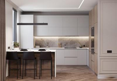 China Sophisticated Kitchen Cabinet with UV PET Countertop in Marble Look for sale