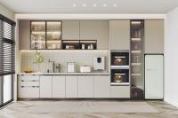 China Tall Kitchen Pantry Storage Cabinet With Power Outlets LED Hutch Buffet Cabinet for sale