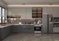 China Modern Style Straight Line Kitchen Cabinets With Island In White Particle Board for sale