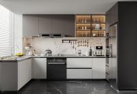 China Modern Style Straight Line Kitchen Cabinets With Island In White Particle Board for sale