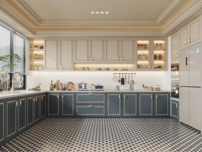 China Modern Style Straight Line Kitchen Cabinets With Island In White Particle Board for sale
