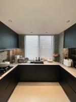 China Contemporary Melamine Wood Grain Finish Island Kitchen Cabinet for sale