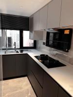 China Contemporary Melamine Wood Grain Finish Island Kitchen Cabinet for sale