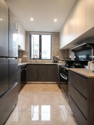 China Contemporary Melamine Wood Grain Finish Island Kitchen Cabinet for sale