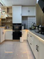 China Contemporary Modern Style Two Tone Slab Panel Dark Kitchen Cabinet for sale