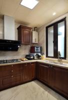 China Wood Grain Kitchen Cabinet Slab Door Panel Cupboard With Quartz Countertop for sale