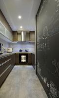 China Wood Grain Kitchen Cabinet Slab Door Panel Cupboard With Quartz Countertop for sale