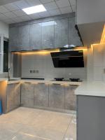 China Kitchen Furniture Wooden Grain Laminates Modern Kitchen Cabinets With Island for sale