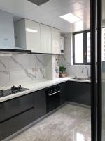 China Kitchen Furniture Wooden Grain Laminates Modern Kitchen Cabinets With Island for sale