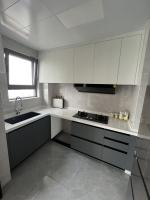 China Three Section Track Linear Style Wood Kitchen Cabinet Wooden Cupboard for sale