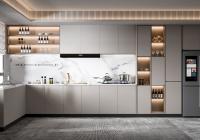 China Modular Matt Lacquer Kitchen Cabinet Villa Kitchen With Hanging Island Table for sale