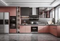China Modern L-Shaped Kitchen Cabinet Set Melamine Finish Particle Board Cabinet for sale