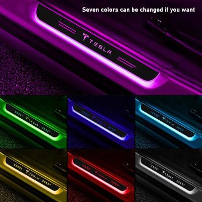 China Tesla Wireless LED Door Sill Light Custom Fit USB Rechargeable Illuminated Threshold Plate for Model 3 Y S X for sale