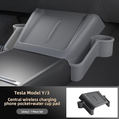 China Tesla Model Y 2025 Wireless Charging Phone Pocket Qi Standard Dual Cup Holder Anti-Slip PU ABS for sale