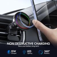 China Magsafe Car Mount Aluminium Alloy Texture Wireless Charger With RGB Light Display And One Hand Operation For Automotive for sale